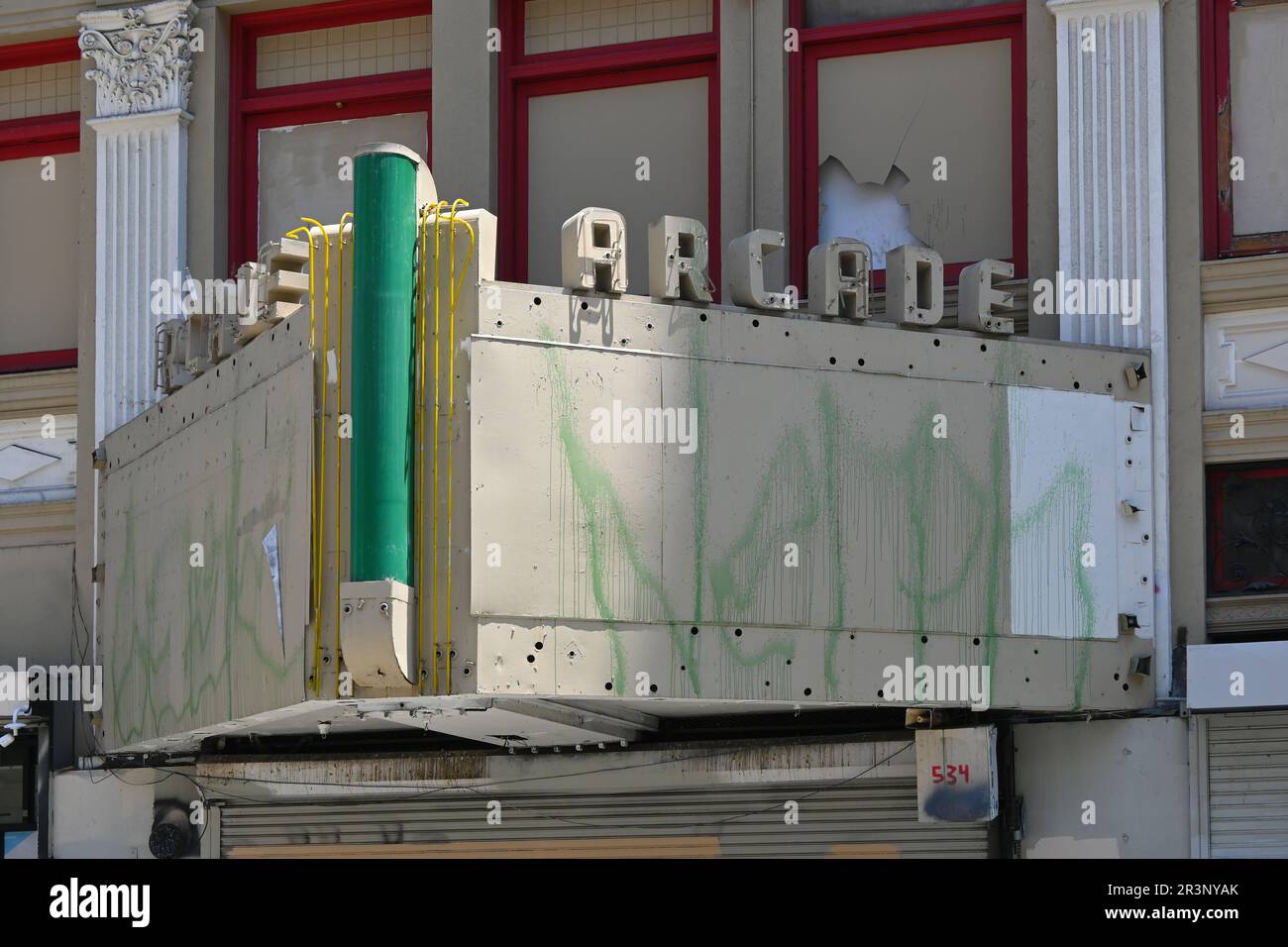 LOS ANGELES, CALIFORNIA - 17 MAY 2023: Closeup of the old Arcade ...