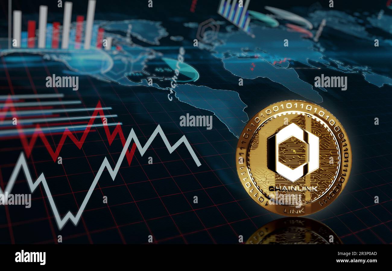Chainlink LINK cryptocurrency golden coin over the chart. Price trend ...