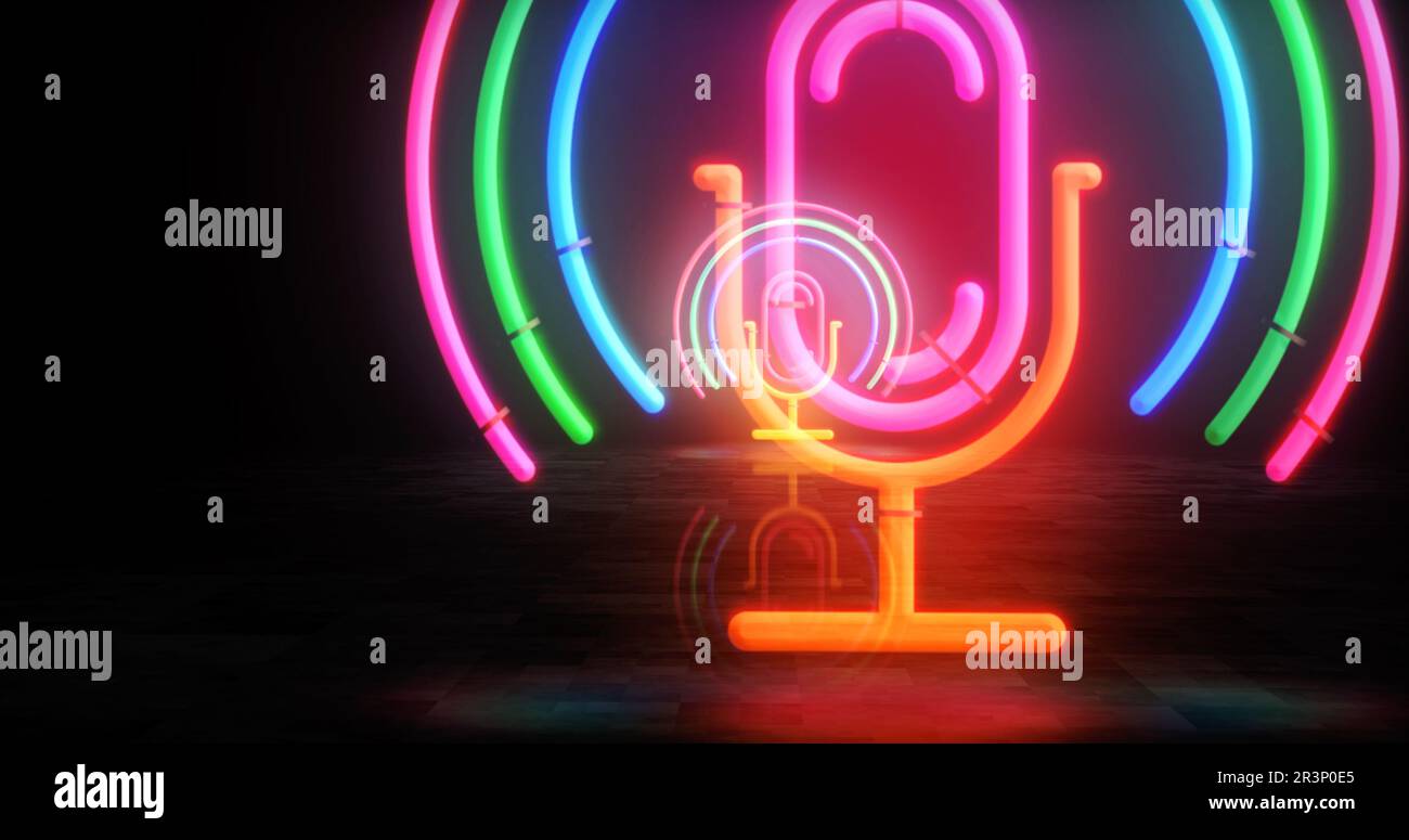 Microphone podcast neon symbol. Audio music on air broadcast symbol ...