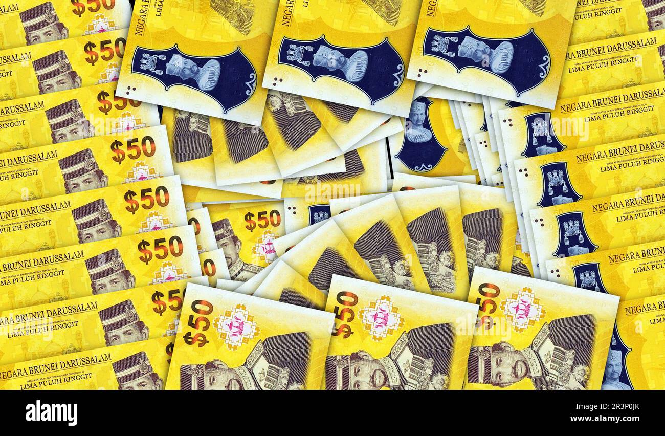 Brunei dollar banknotes in a cash fan mosaic pattern. BND 50 money ...