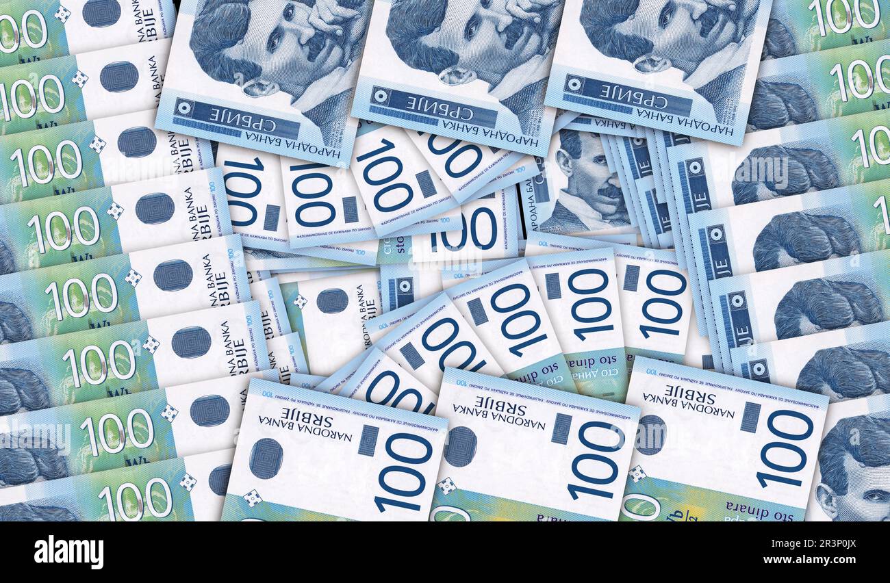 Serbia Dinar banknotes in a cash fan mosaic pattern. Serbian RSD 100 ...