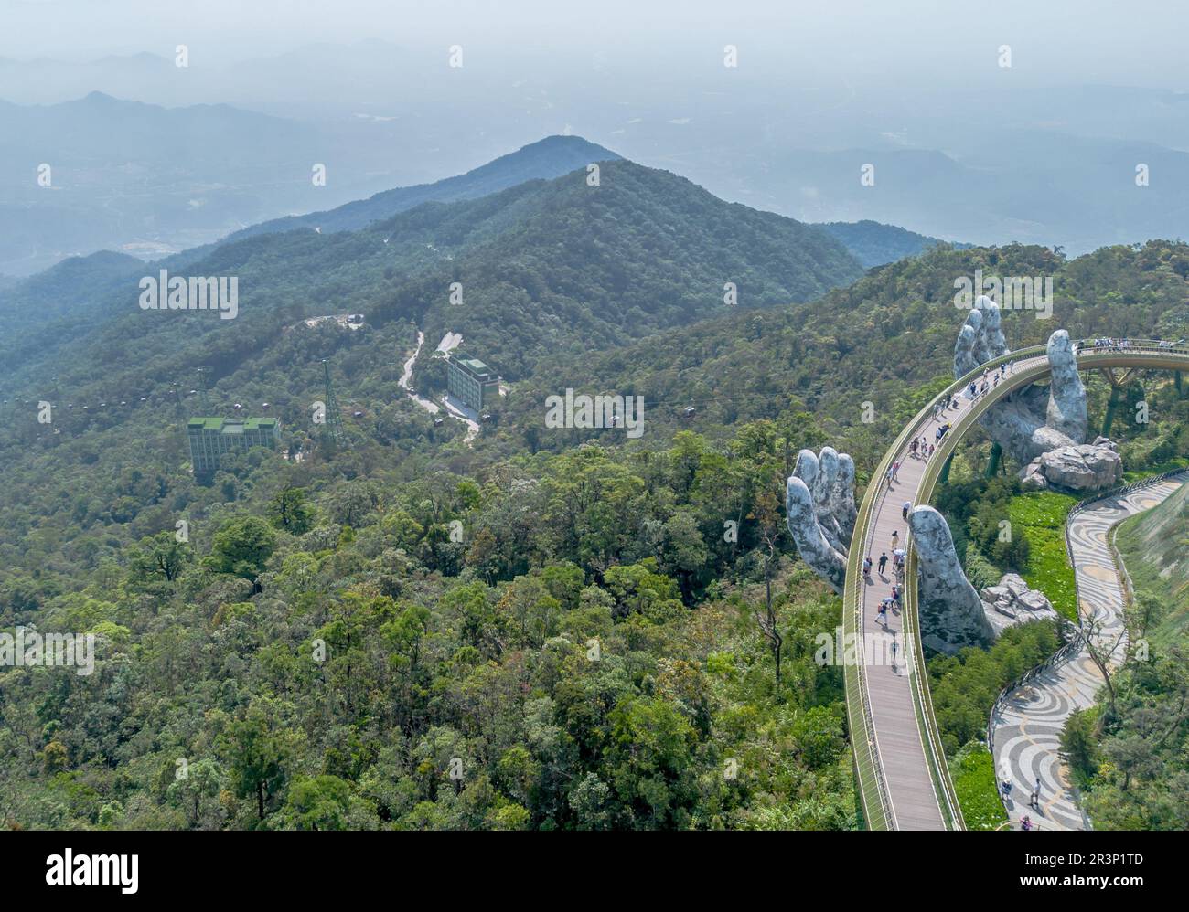 Aerial view of the Golden Bridge in Ba Na hills, Da Nang, Vietnam ...