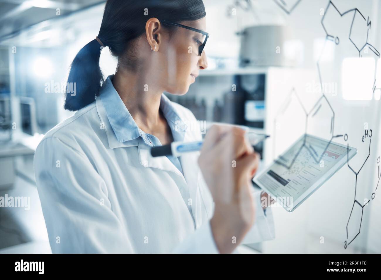 Tablet, research and female scientist in a laboratory planning a ...