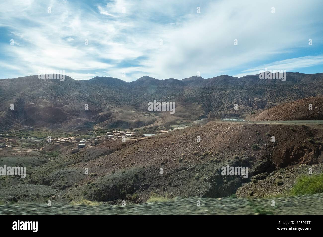 Panoramic view of the Atlas Mountains in Morocco and its curved roads ...