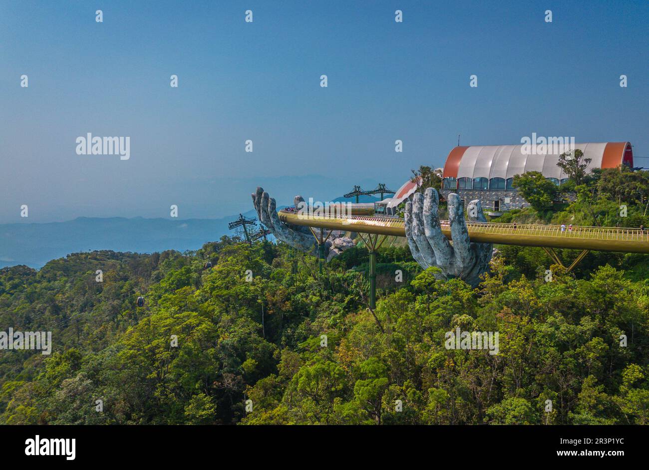Aerial view of the Golden Bridge in Ba Na hills, Da Nang, Vietnam ...
