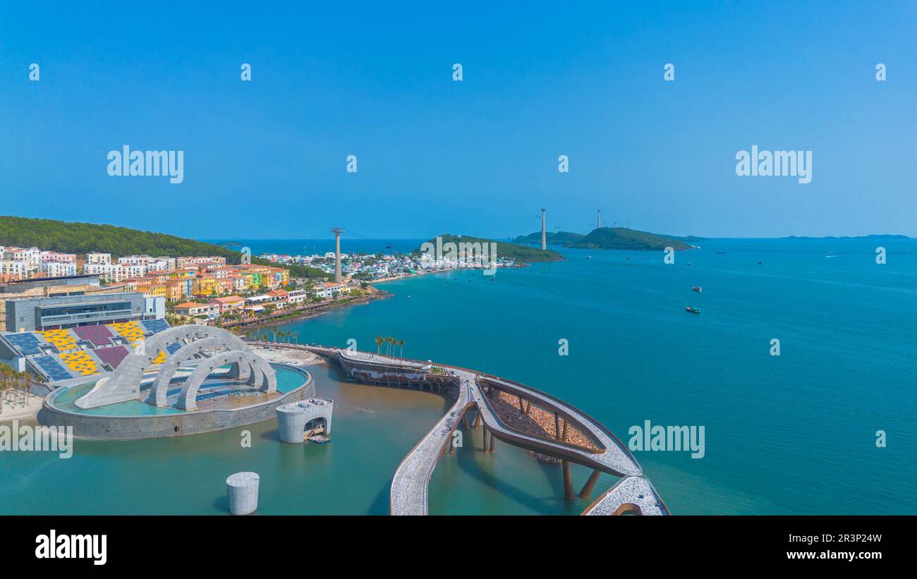Aerial view of Sunset ghost town and Kiss bridge in Phu Quoc island ...