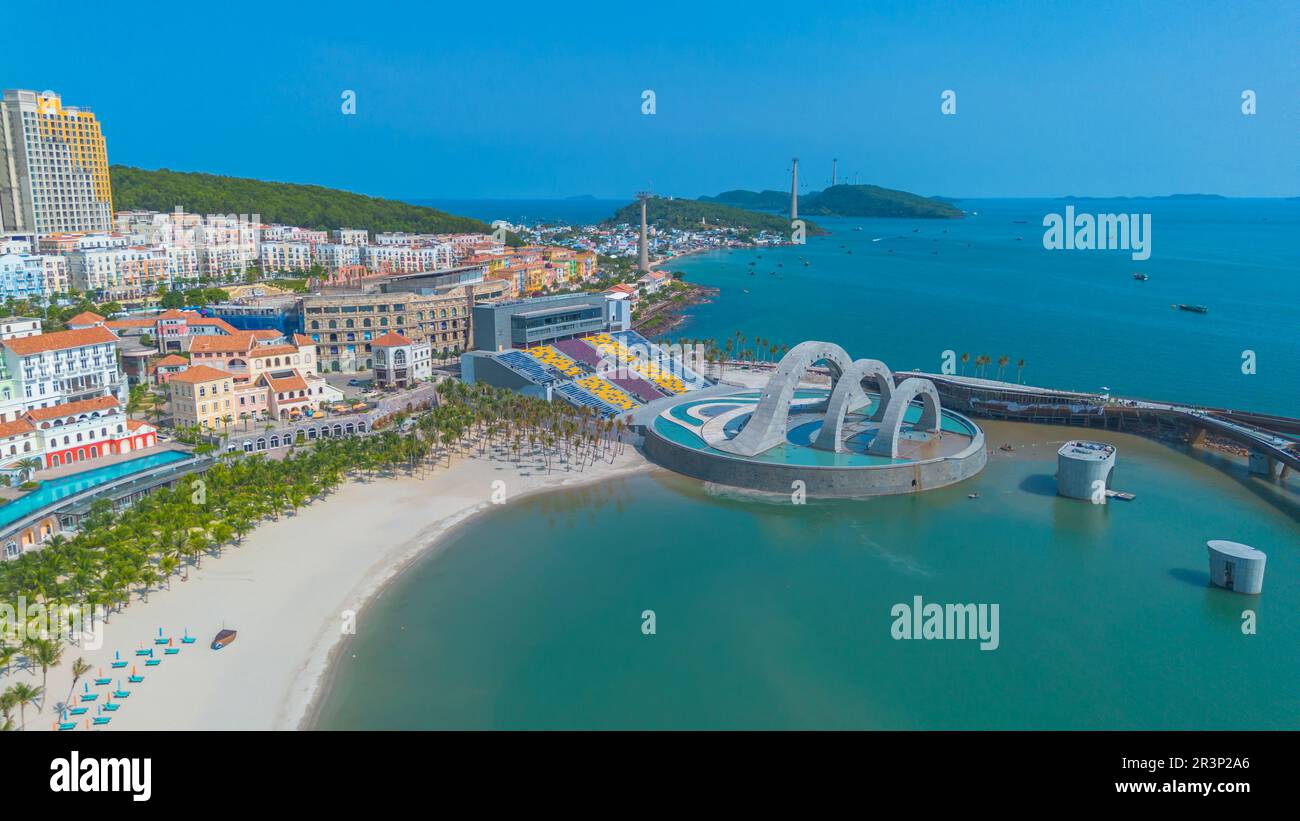 Aerial view of sunset ghost town in Phu Quoc island, Vietnam. Fast ...