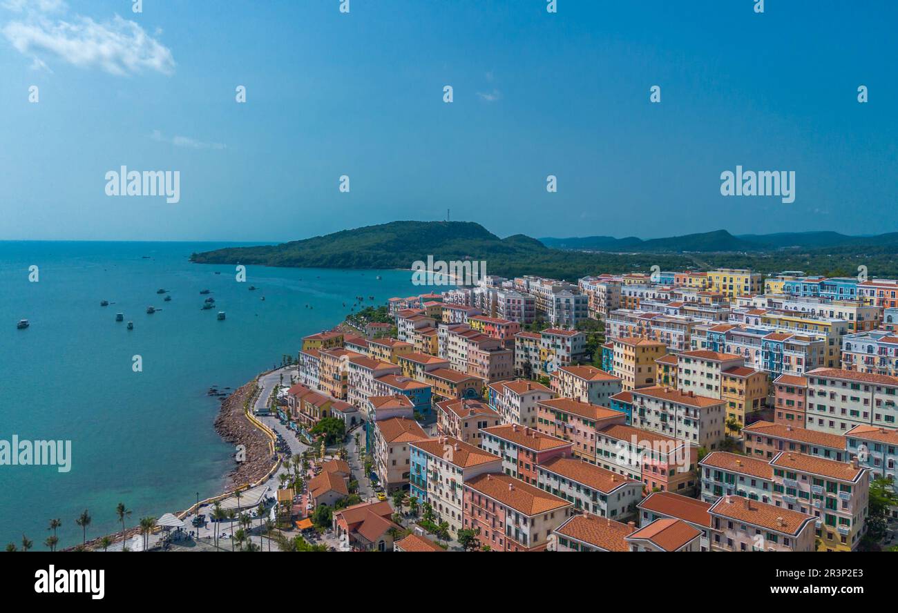 Aerial view of Sunset ghost town in Phu Quoc island, Vietnam. Fast ...