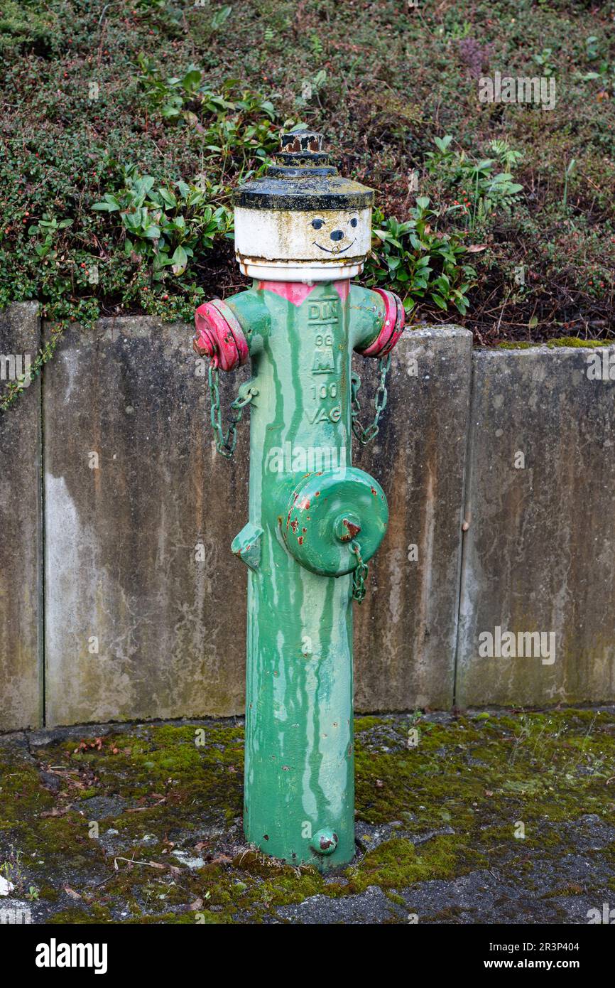 Green fire hydrant with funny face in a street in a German village ...