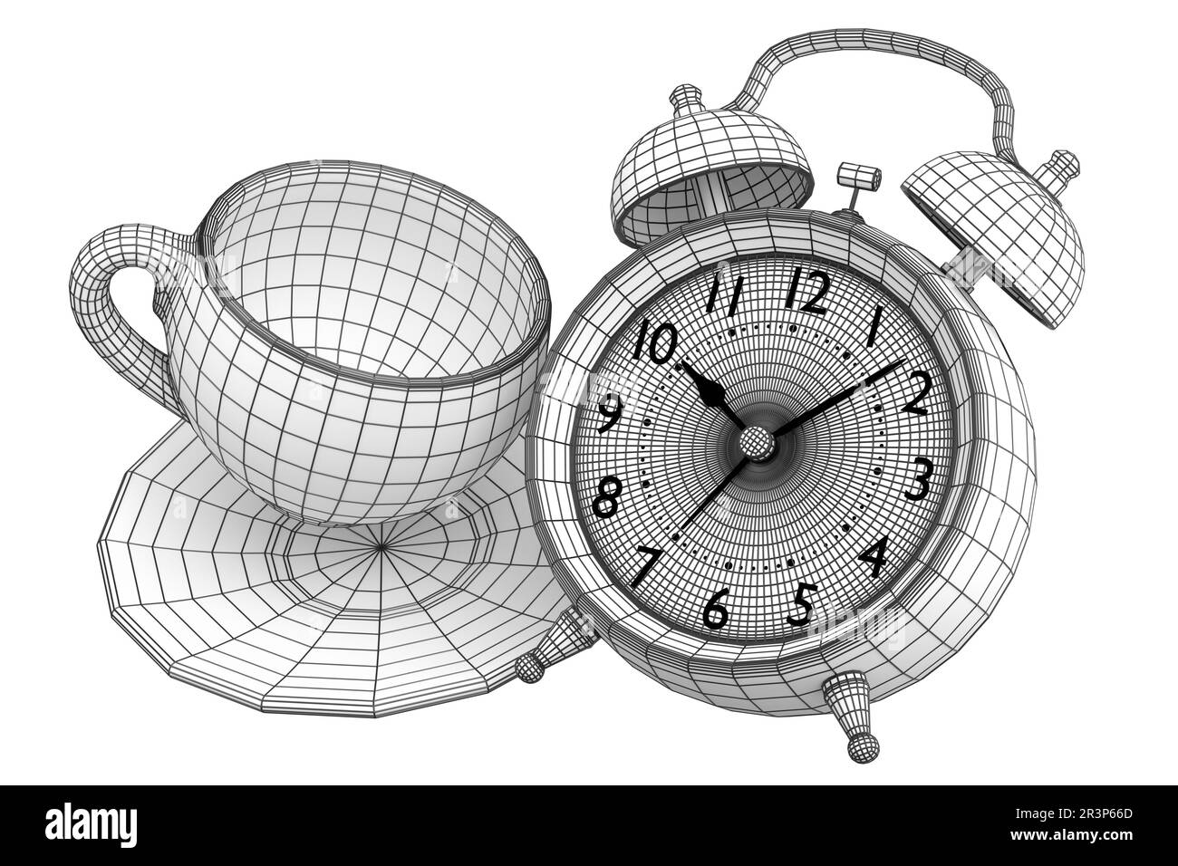 Vintage alarm clock with ceramic coffee cup on green background. 3d ...