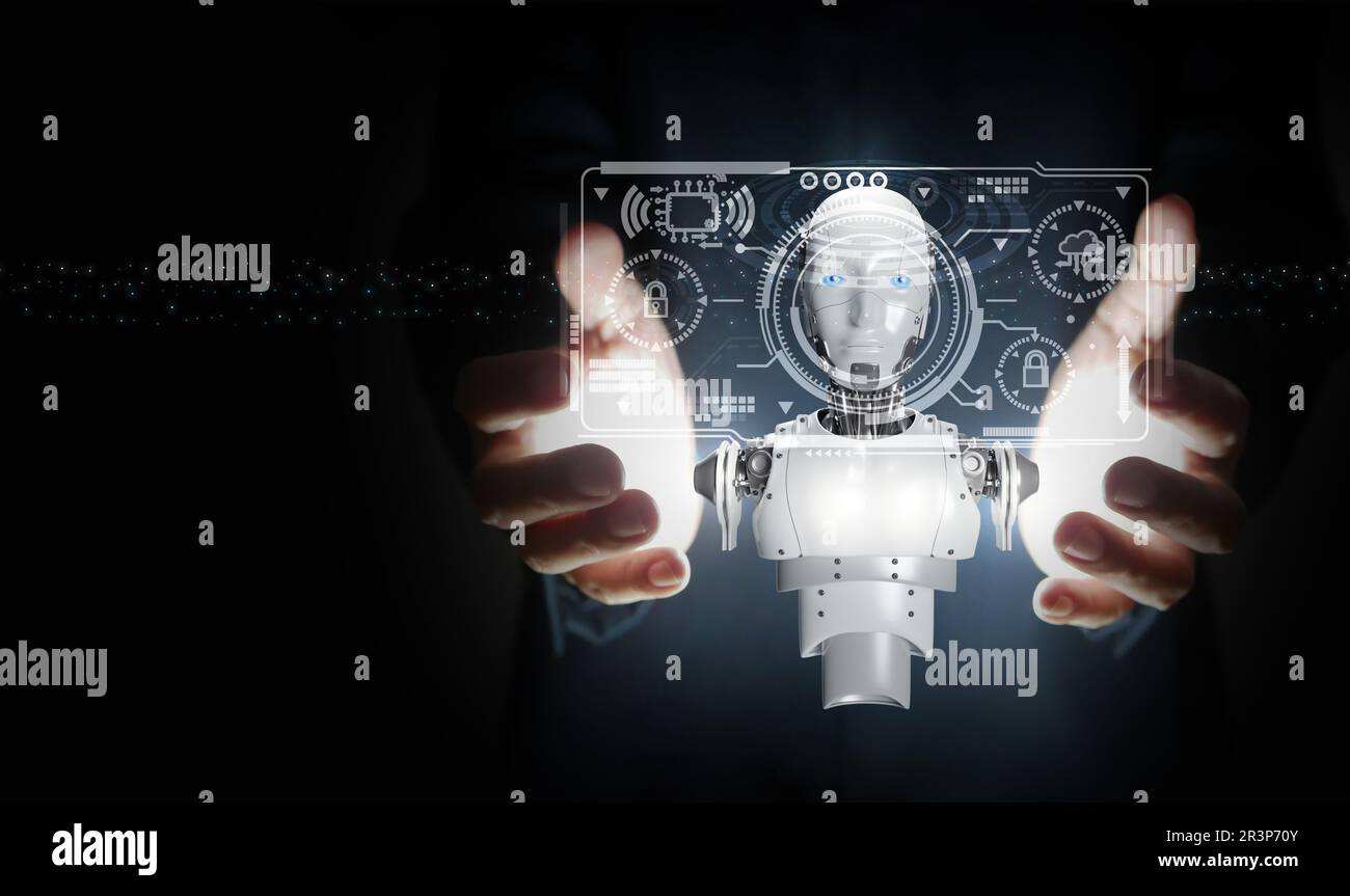 Hands of a businessman use or hold a learning artificial intelligence. AI technology, Deep and ...