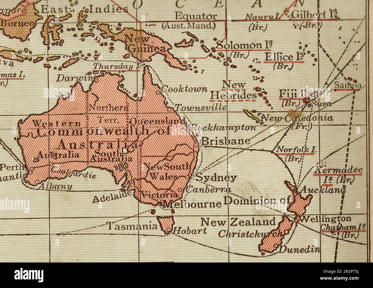 Vintage political map in sepia showing Australia and New Zealand Stock ...