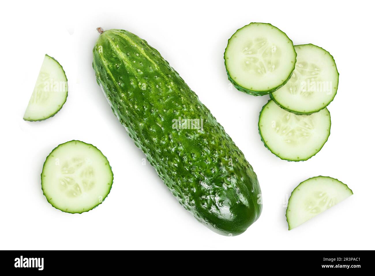 Sliced cucumber isolated on white background with full depth of field ...
