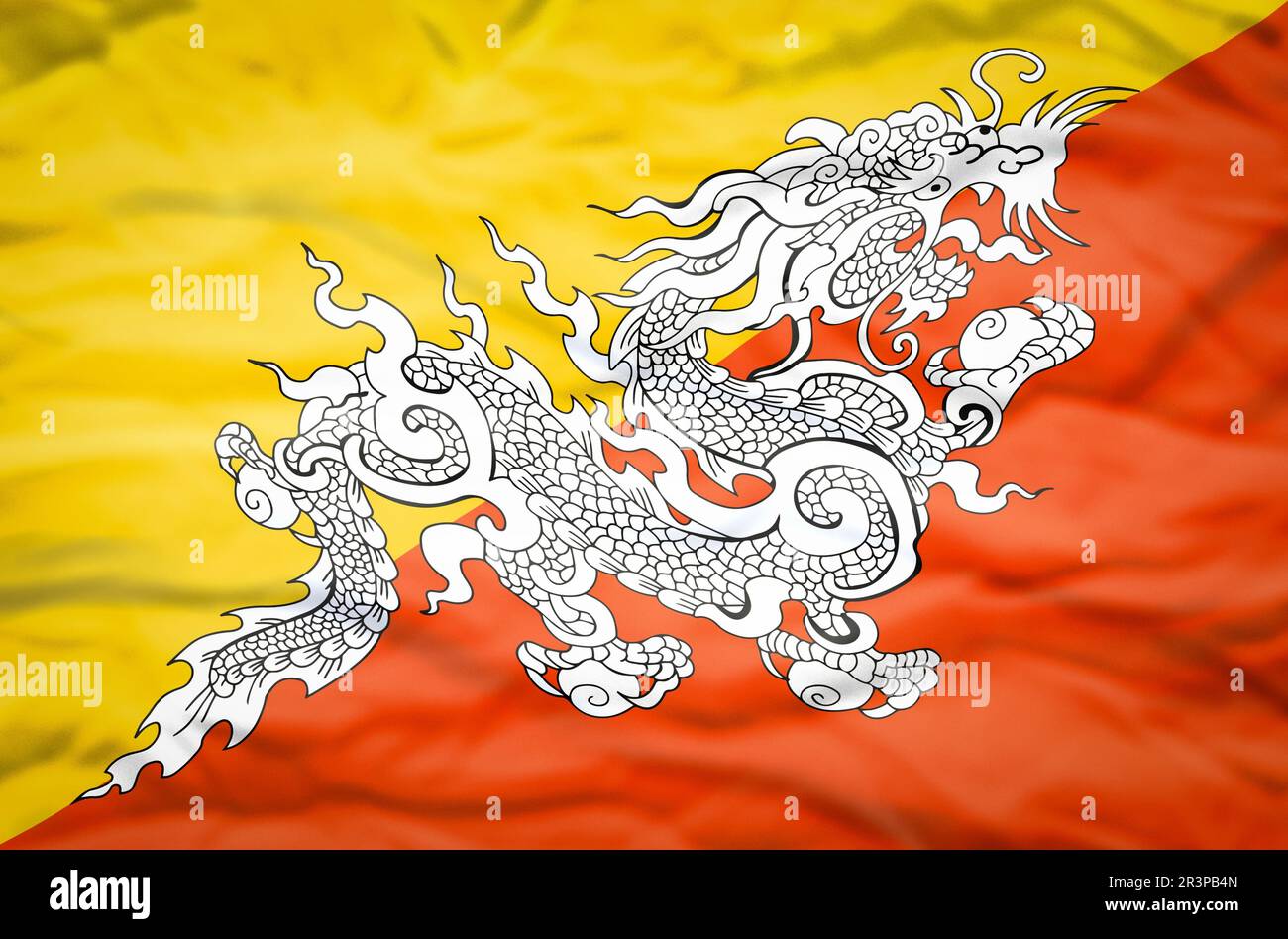Bhutan flag on a wavy background. Wavy flag of Bhutan fills the frame ...
