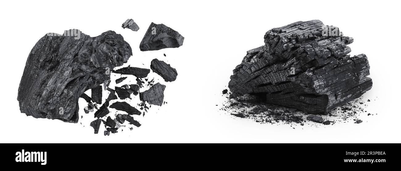 Natural wooden charcoal isolated on white background with full depth of ...