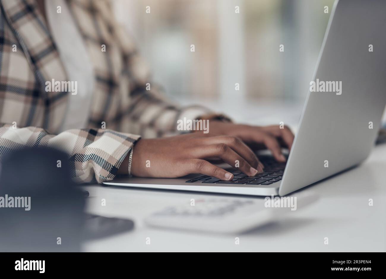 Laptop, typing and woman hands for online research, startup finance or ...