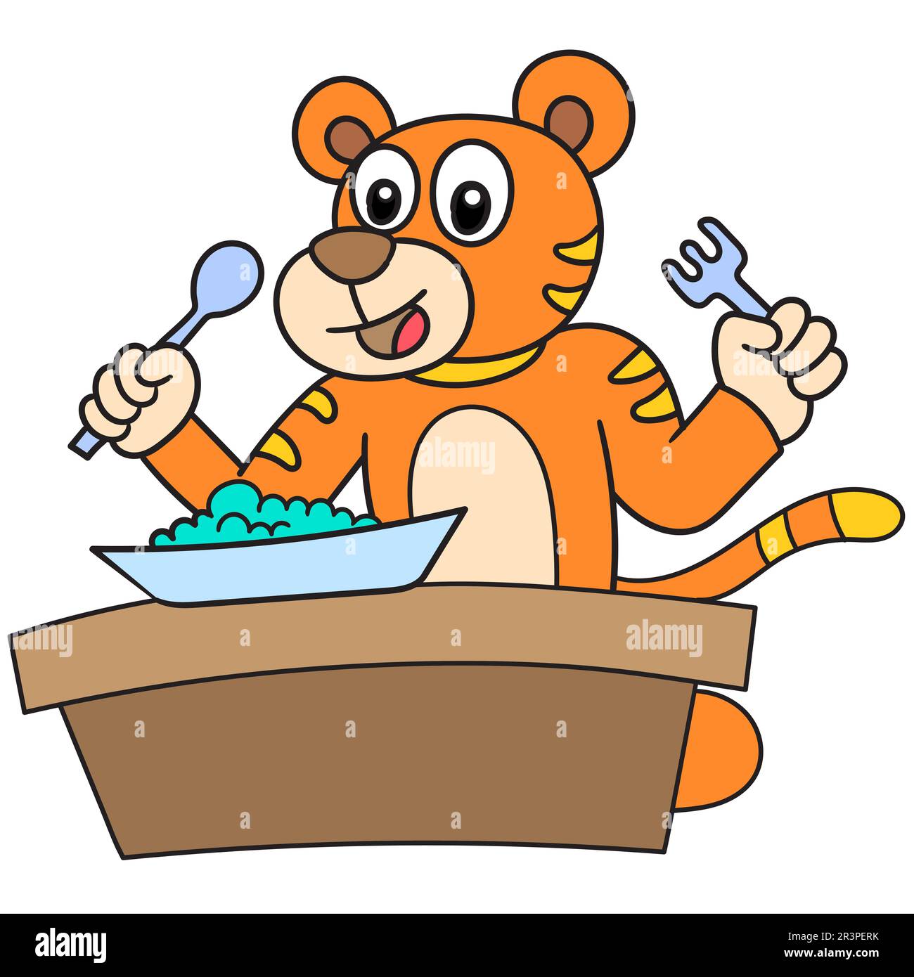 The tiger is eating with a plate on the table, doodle kawaii. doodle ...