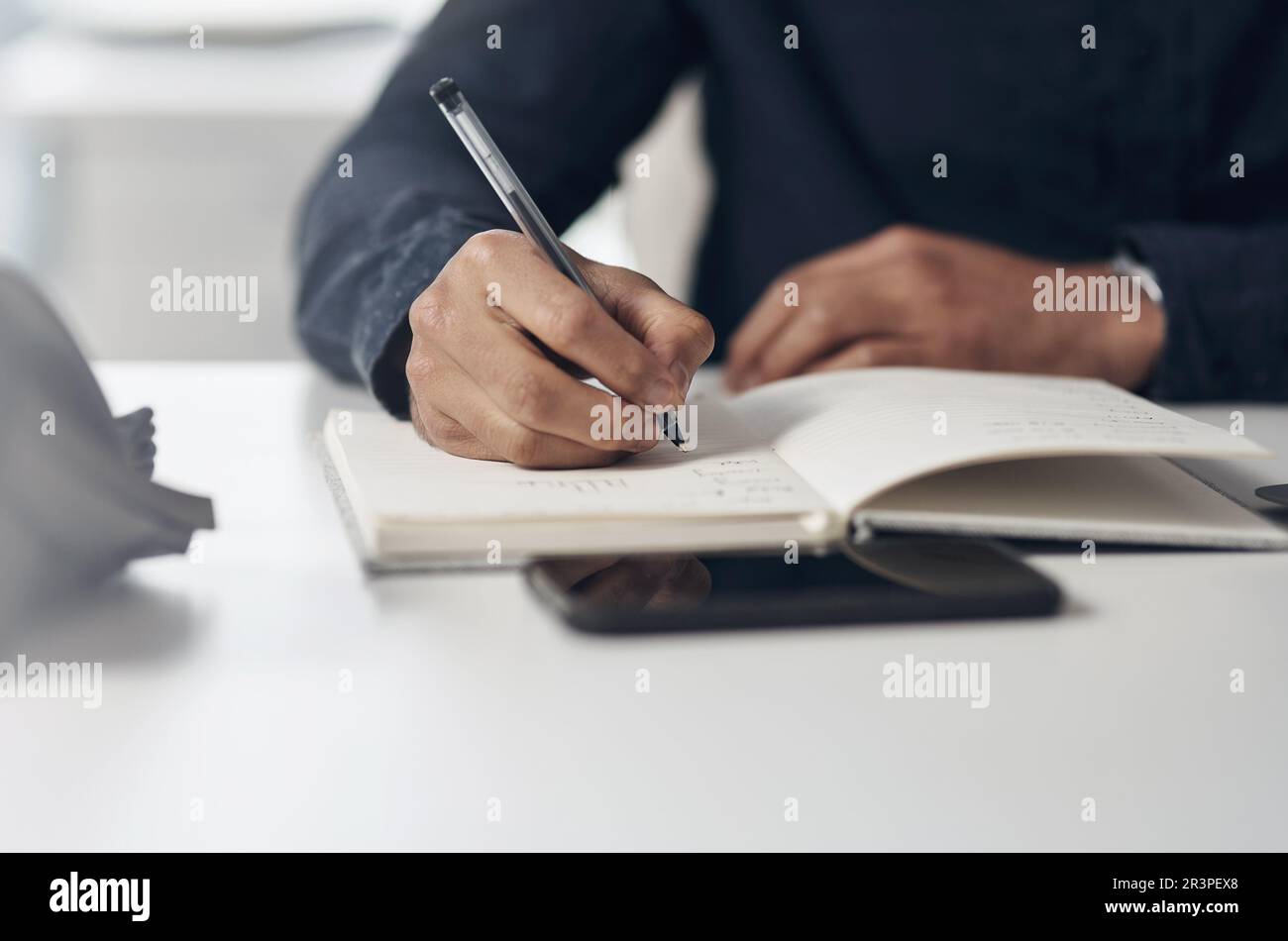 Notebook, planning and business man hands writing for creative ideas ...