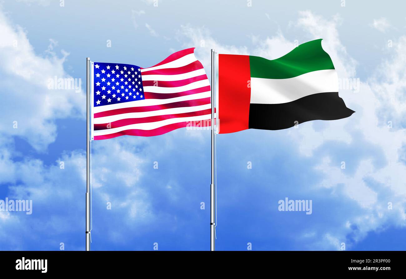 America and UAE flags together waving against blue sky Stock Photo - Alamy