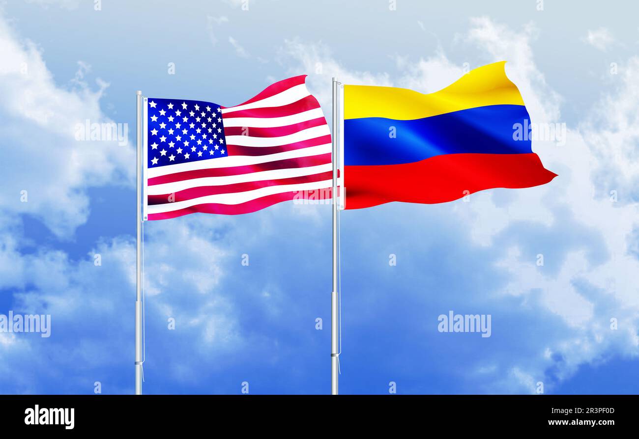 America and Venezuela flags together waving against blue sky Stock ...