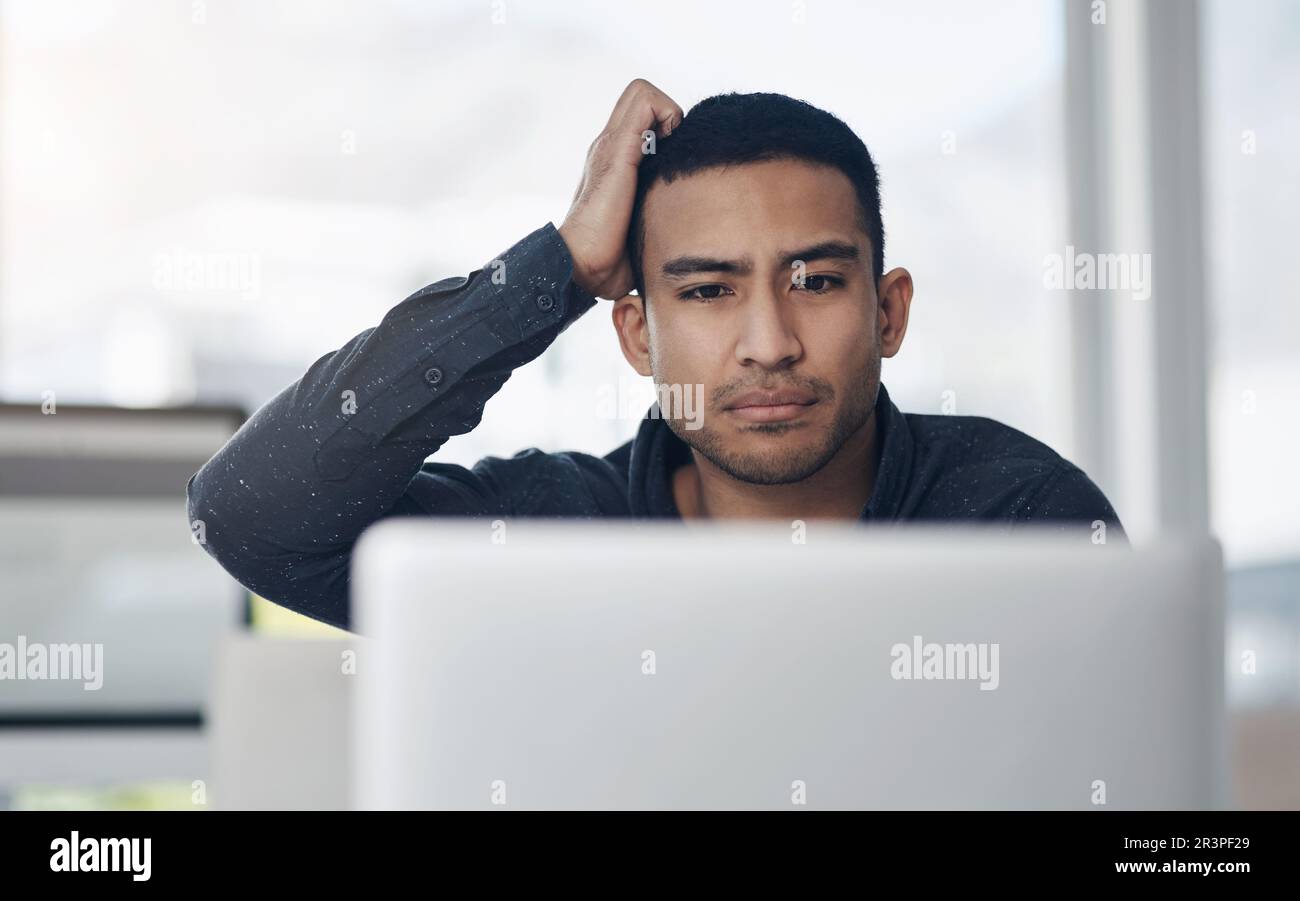 Business, confused and man with a laptop, stress and schedule with ...