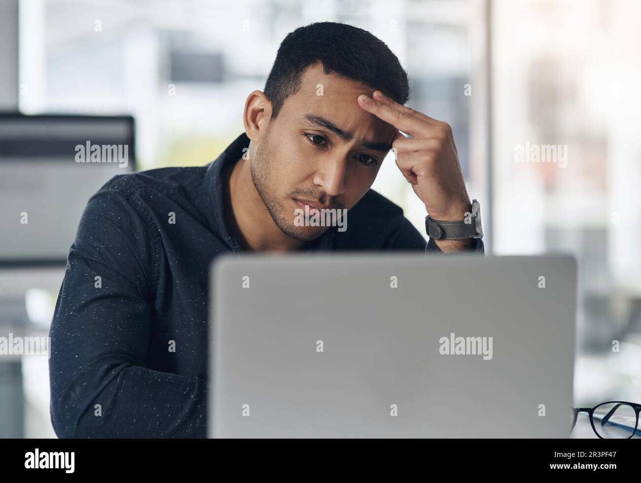Business, confused and man with fatigue, laptop and tired with internet ...
