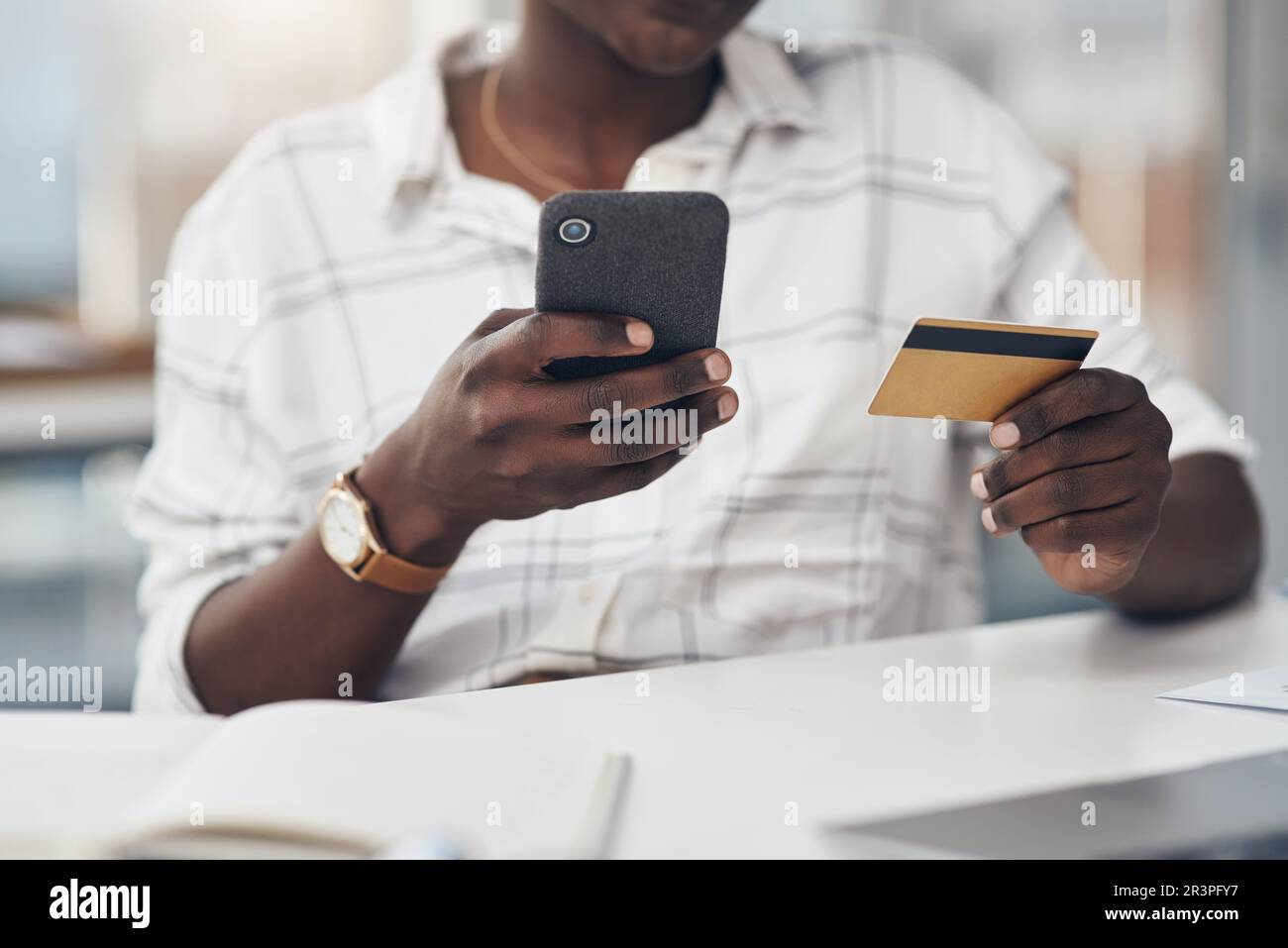 Business woman, phone and credit card in hands for online shopping, e ...