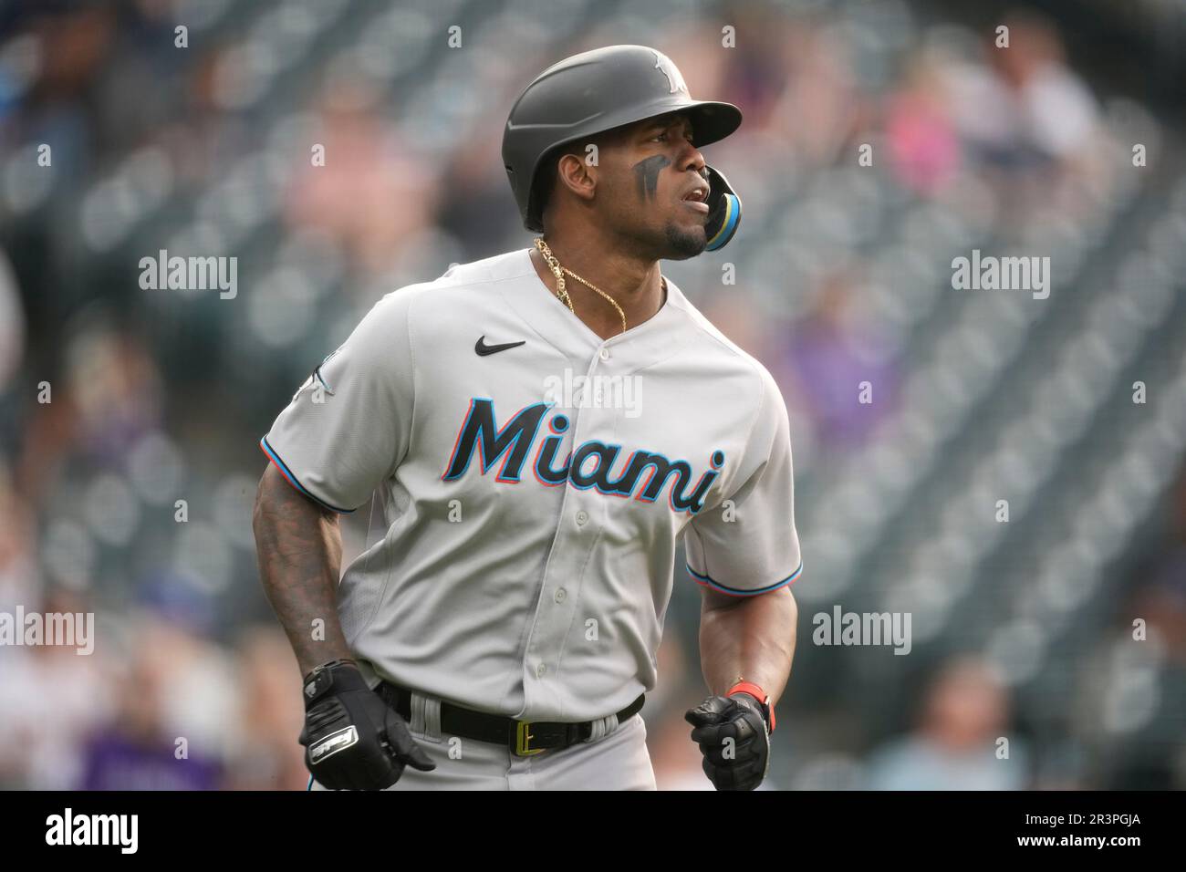 Miami Marlins designated hitter Jorge Soler (12) in the first inning of ...