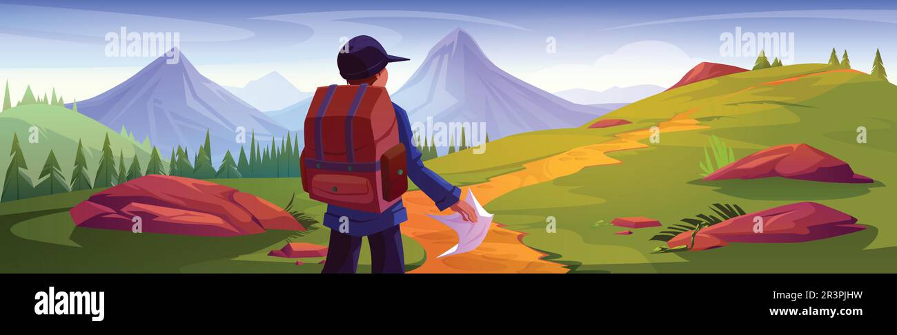 Man travel and explore mountain adventure vector. Tourist character ...