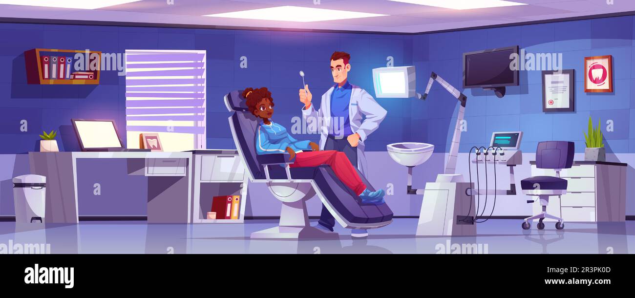 Dentistry office with dentist doctor and patient in chair. Stomatology ...