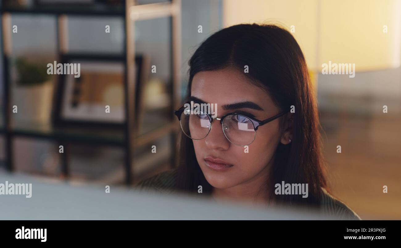 Computer, night and face with a woman journalist working in her office ...