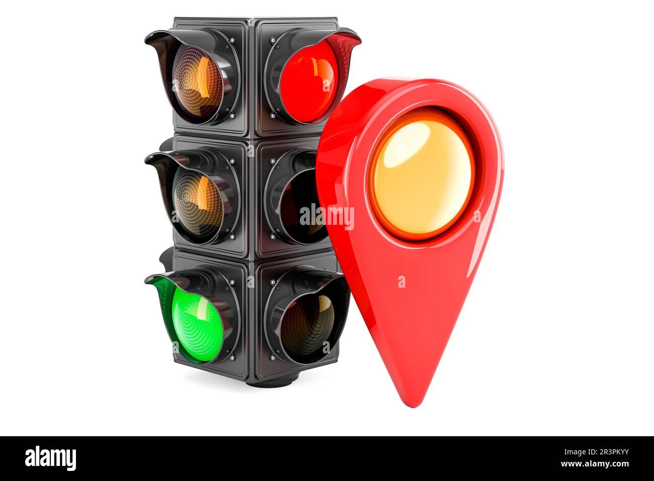 Traffic light with map pointer, 3D rendering isolated on white ...