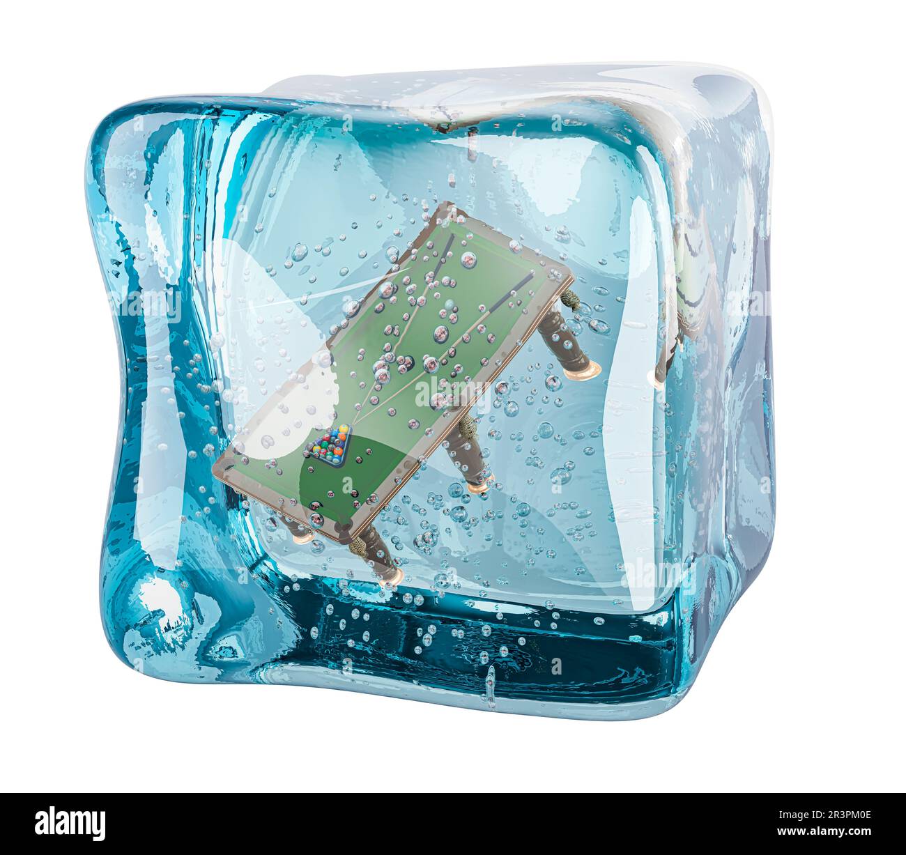 Billiard table frozen in ice cube, 3D rendering isolated on white ...