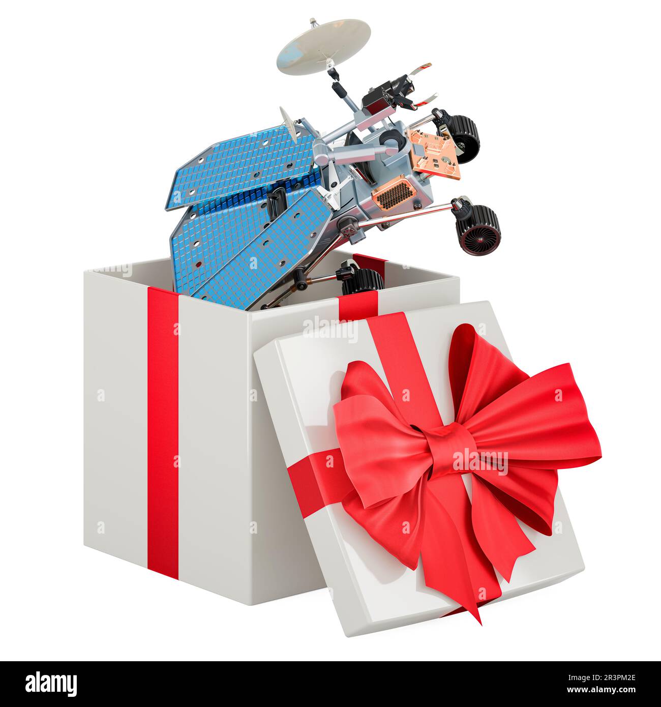 Planetary rover inside gift box, 3D rendering isolated on white ...