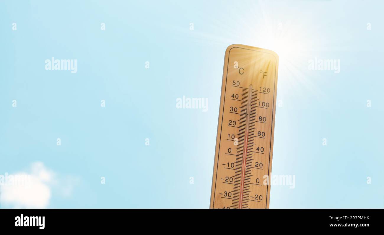 Thermometer with blue sky and sun, measure the temperature, weather ...