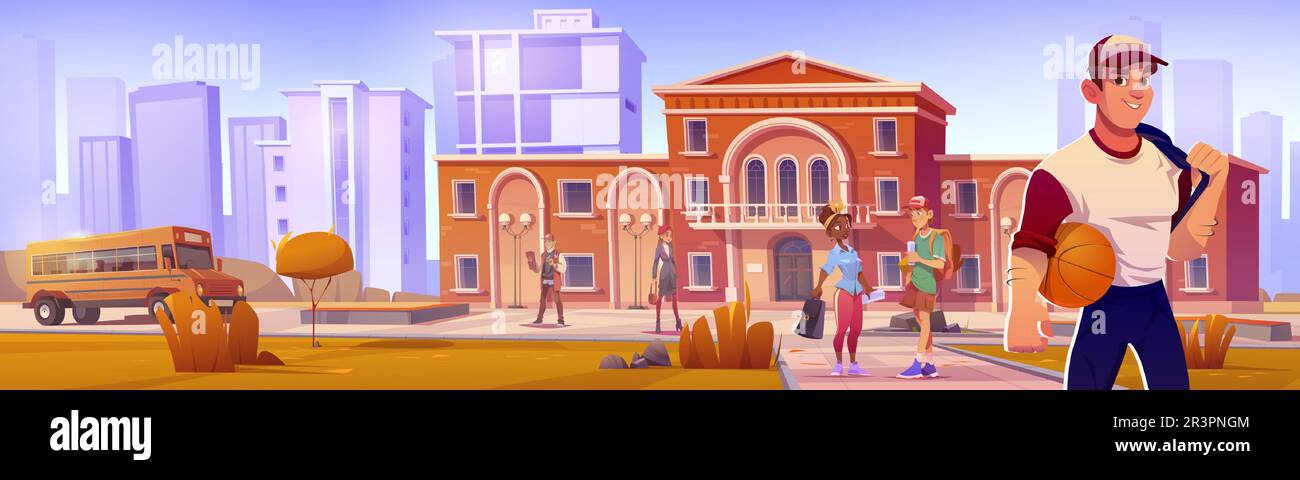 High school students on campus in autumn. Vector cartoon illustration ...