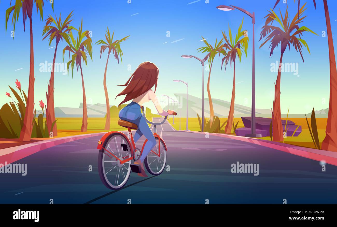 Cartoon young woman riding bicycle on highway with street lamps and ...