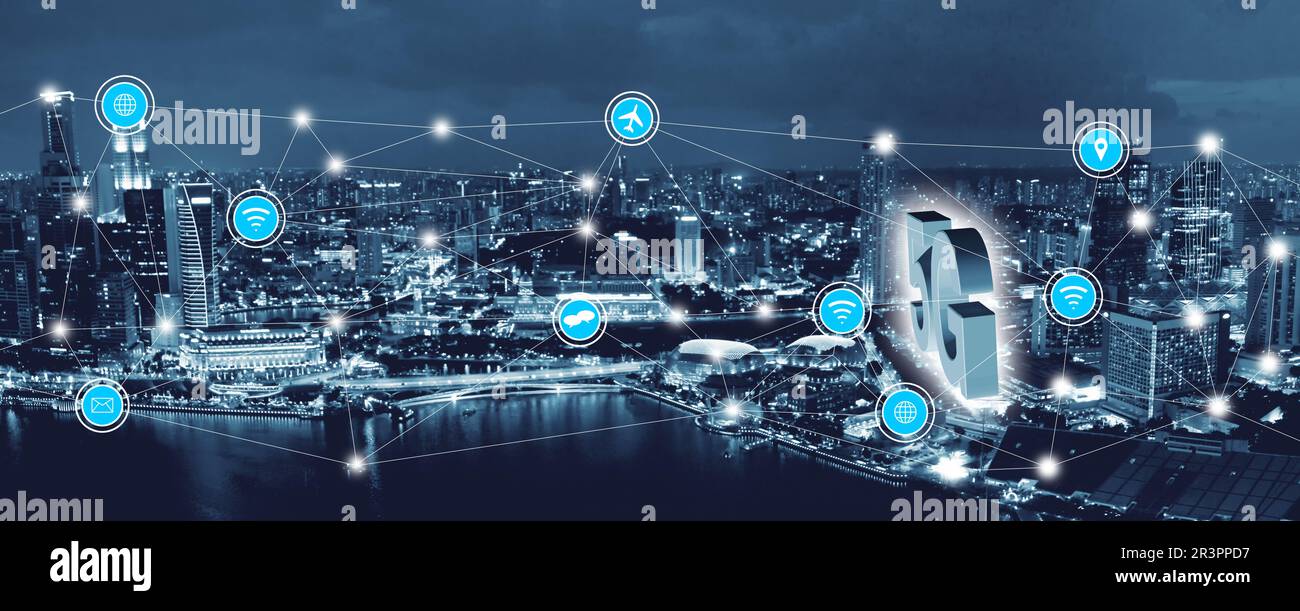 5G Fast speed wireless internet connection and technology concept. 3d ...