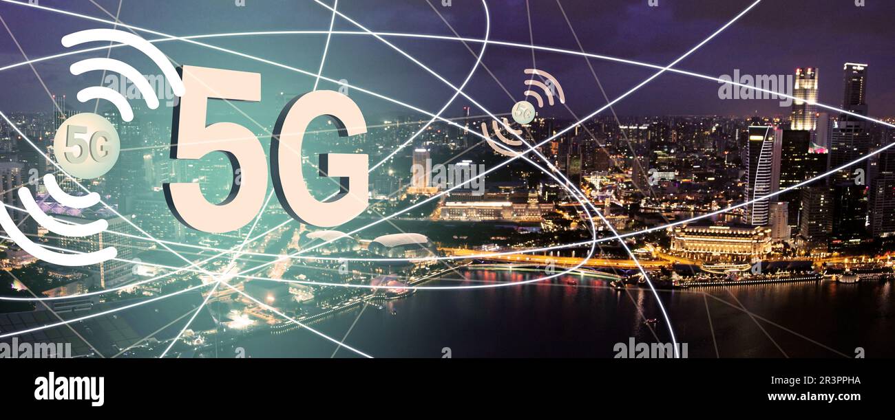 5G Fast speed wireless internet connection and technology concept. 3d ...