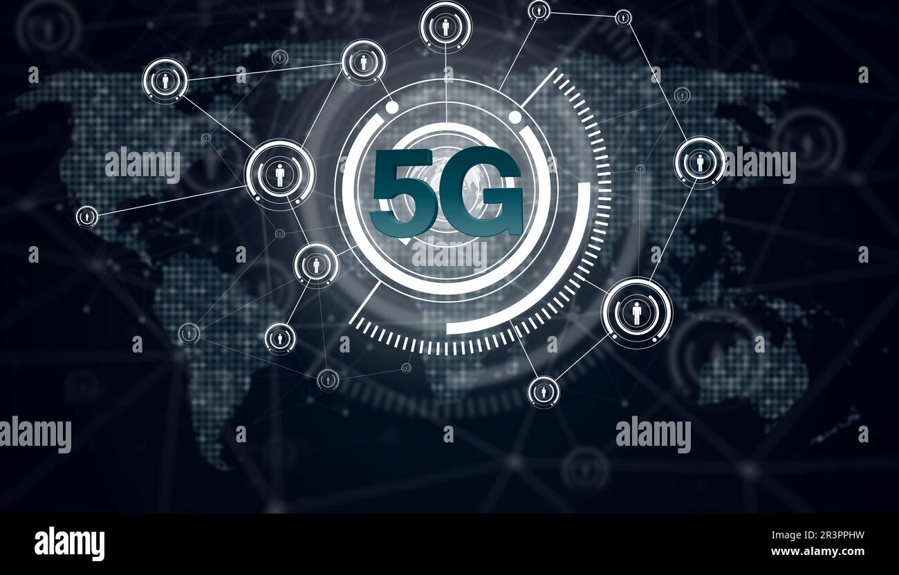 5G Fast speed wireless internet connection and technology concept. 3d ...