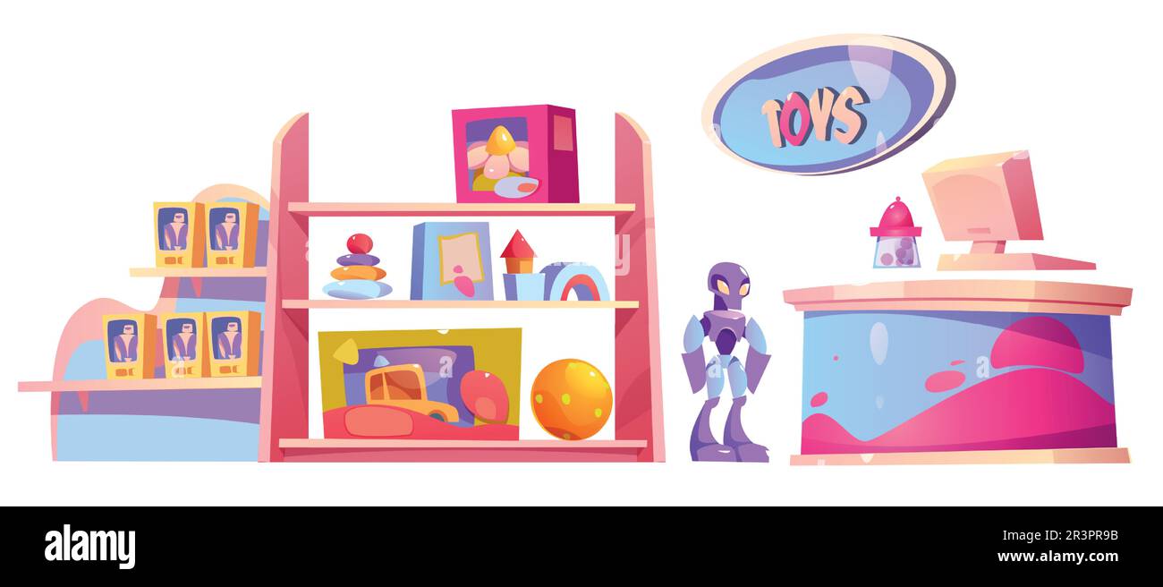 Toy store shelf and furniture cartoon vector set. Shop furniture with ...