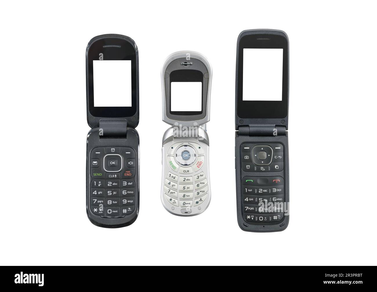 Three old flip cell phones isolated with cut out screens Stock Photo ... Three old flip cell phones isolated with cut out screens Stock Photo ...