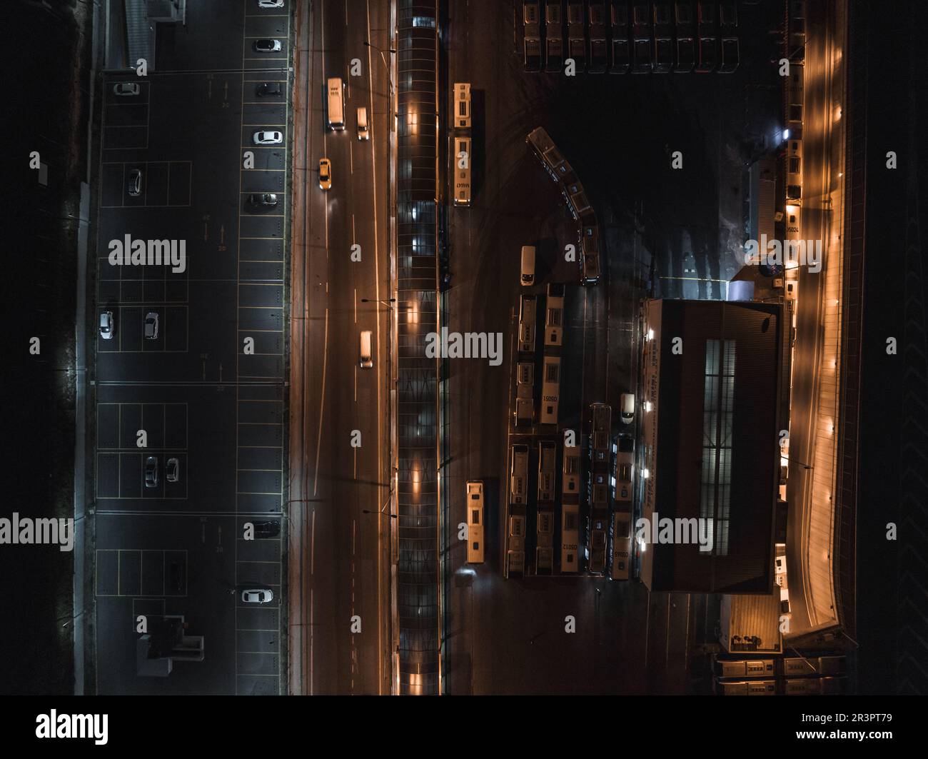 Top view of car traffic transport on crossing multiple lanes highway ...