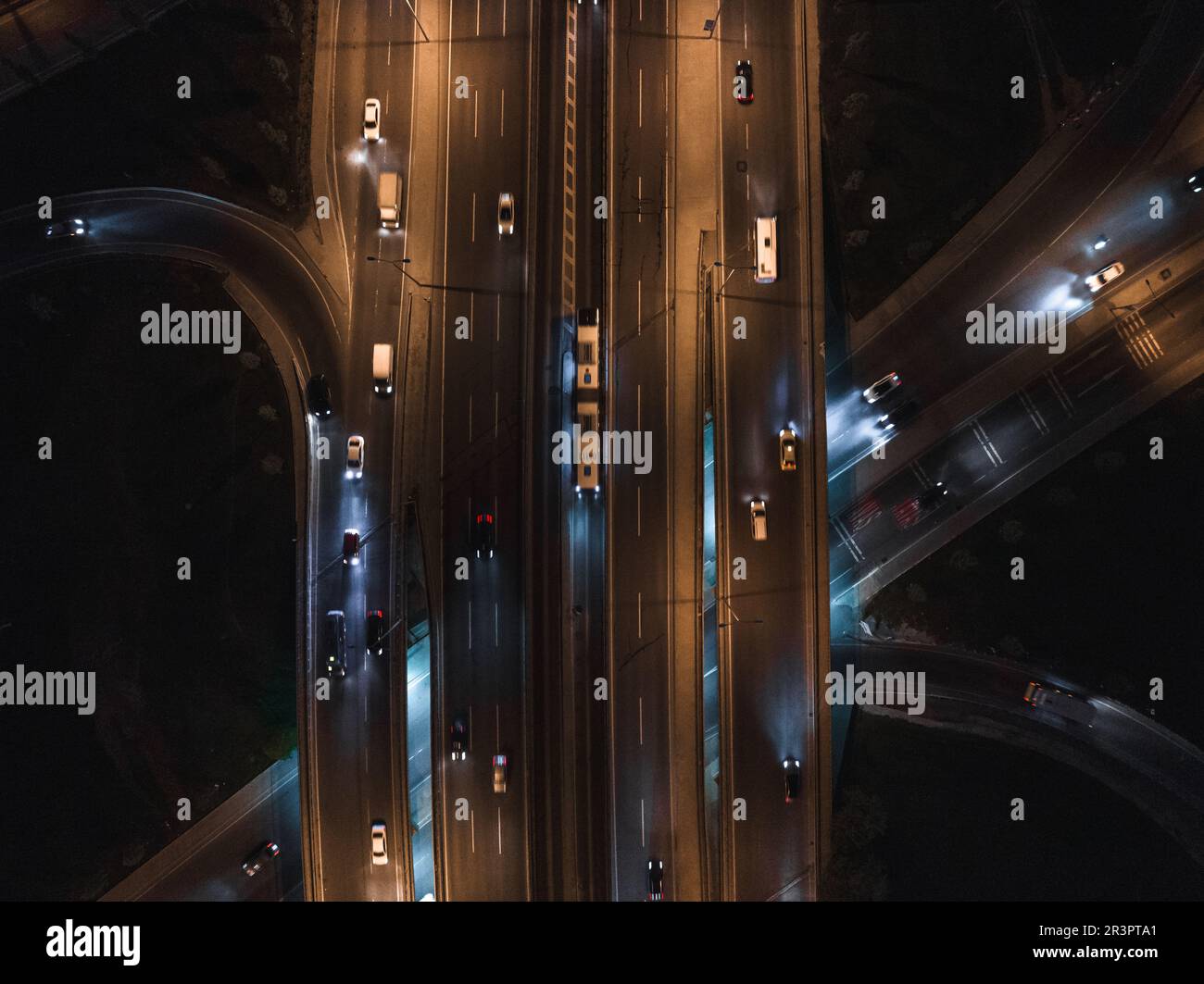Top view of car traffic transport on crossing multiple lanes highway ...