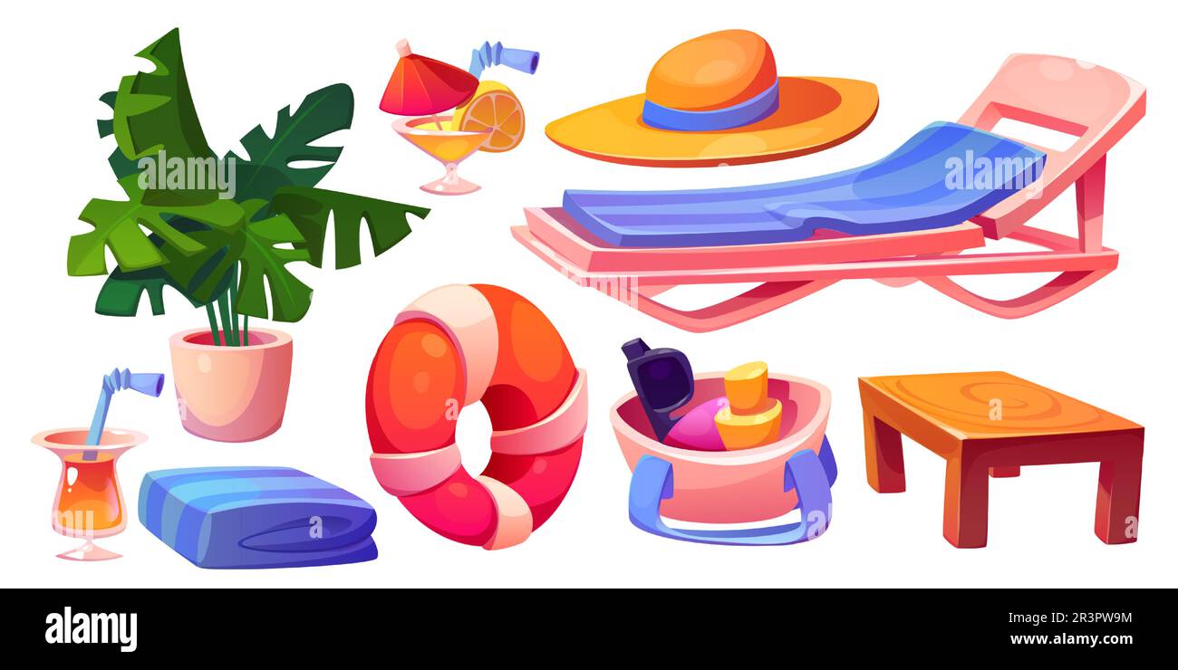 Summer pool beach cartoon lounger png object set. Hat, towel, plant and ...