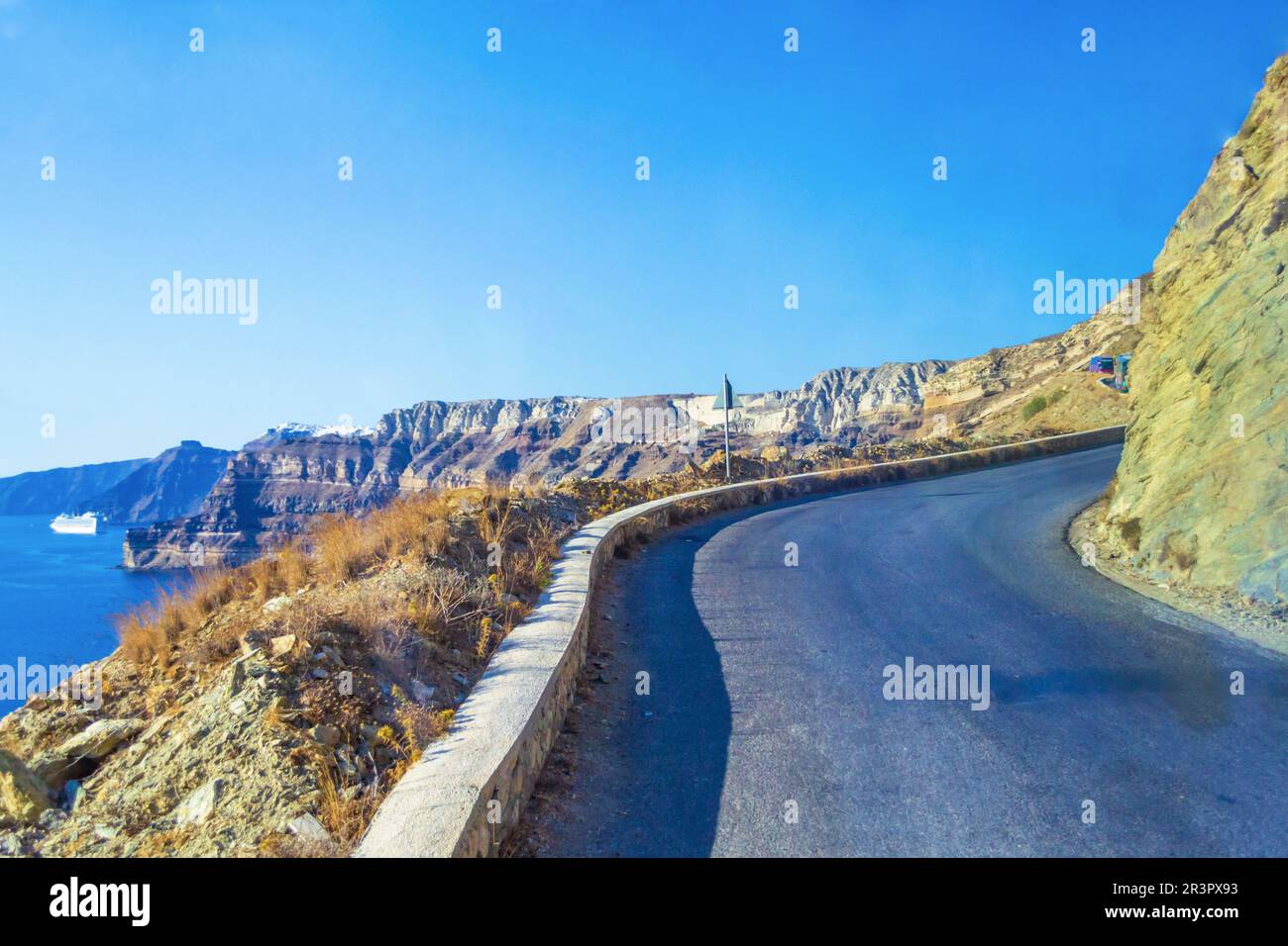 narrow winding road to Thira Santorini port,Port reached via a steep ...