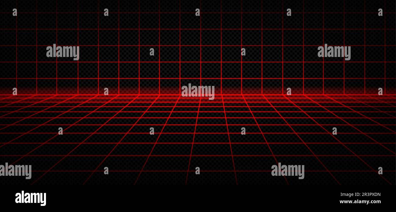 Red laser grid cyber newretrowave 3d background. Neon digital room with ...