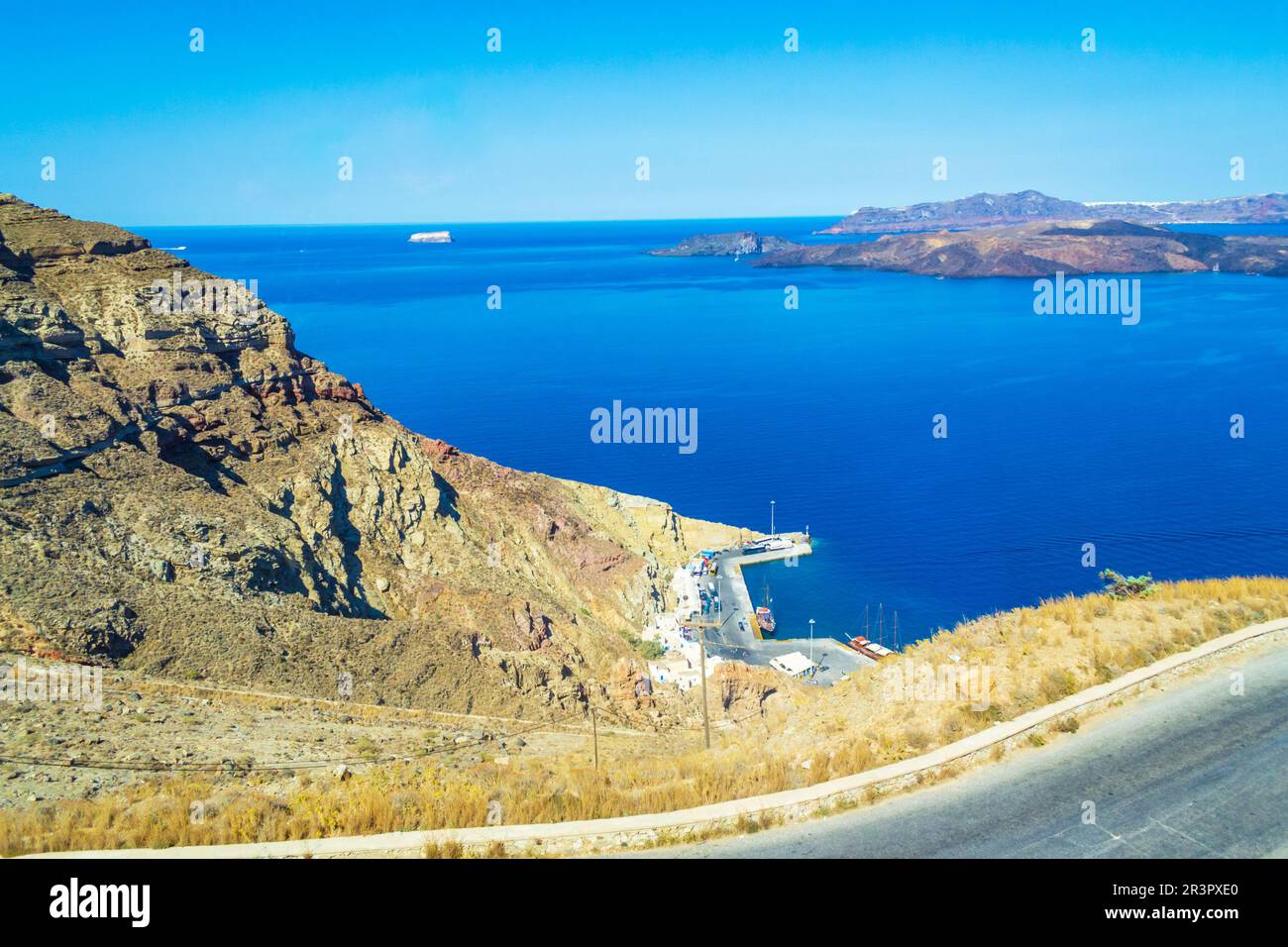 narrow winding road to Thira Santorini port,Port reached via a steep ...