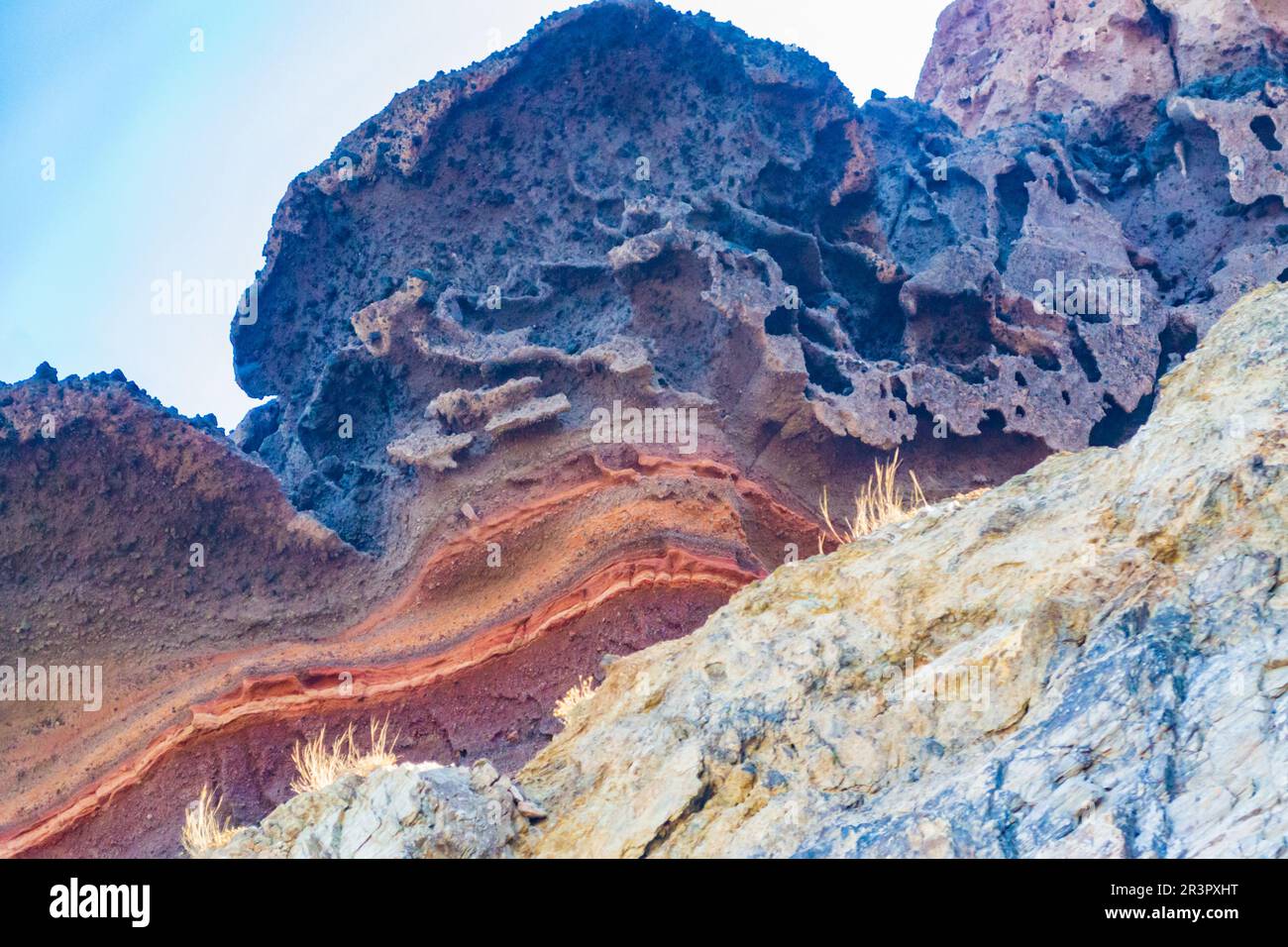 Colorful layers at Cliff top of Santorini Caldera wall. Thira island in ...