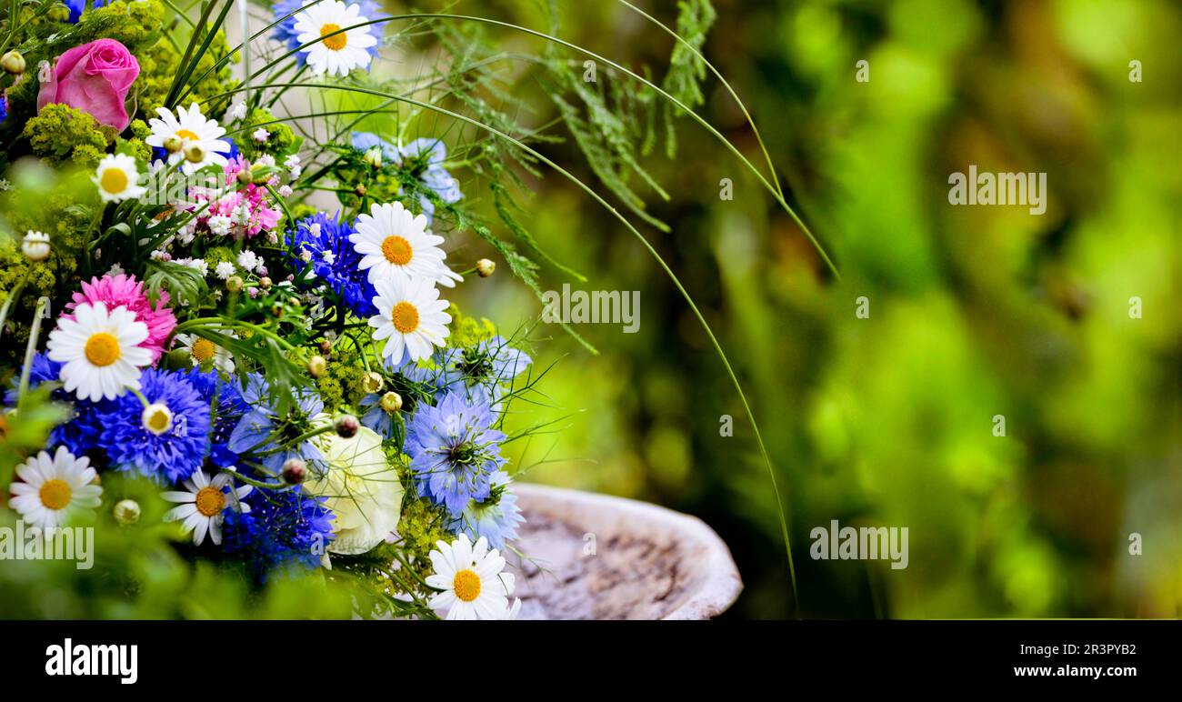 colourful bouquet with daisies, corn flowers and roses Stock Photo - Alamy